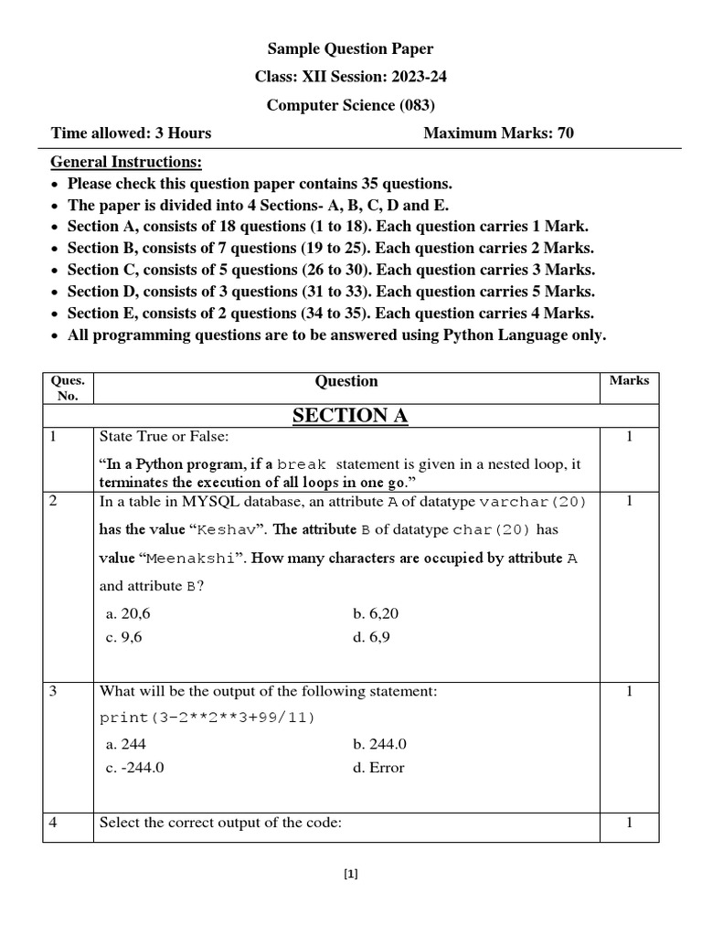 Class XII Computer Science Sample Paper | PDF | Teaching Methods & Materials | Computers