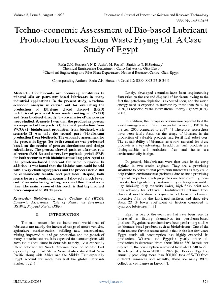 Techno-Economic Assessment of Bio-Based Lubricant Production Process From Waste Frying Oil: A ...