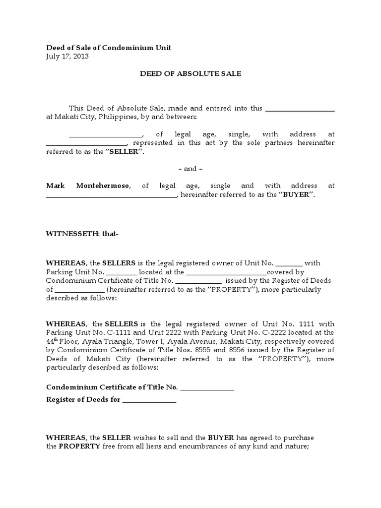 Deed of Sale of Condominium Unit MMM | PDF