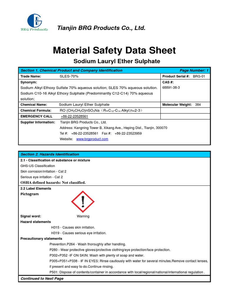 Sodium Lauryl Ether Sulphate MSDS | PDF