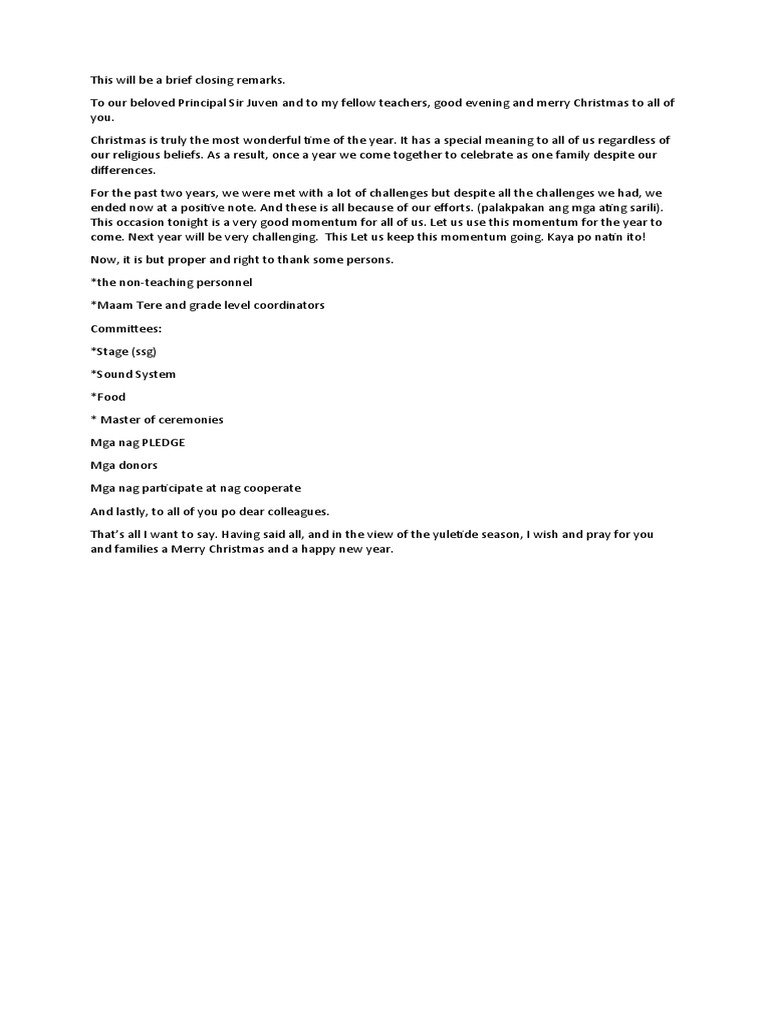 Christmas Celebration Closing Remarks | PDF