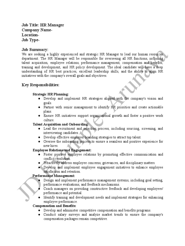 Job Description - HR Manager | PDF | Human Resources | Employment