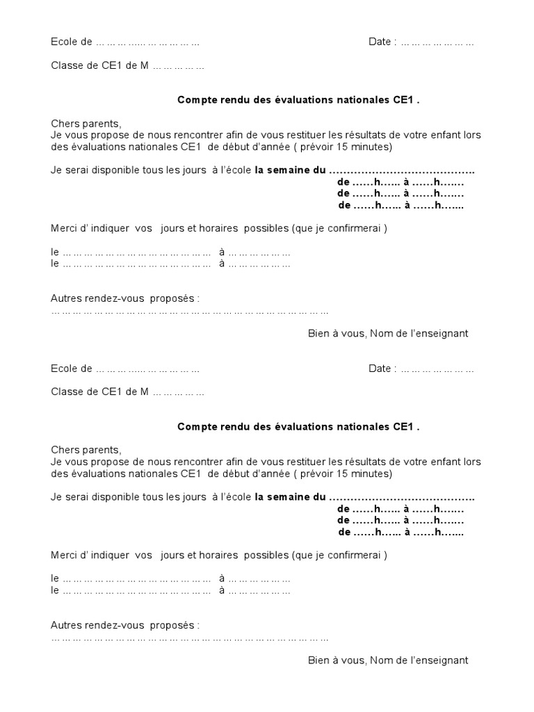 Mot Pour Rendez-Vous Parent Bilan Evaluations Nationales Ce1 | PDF