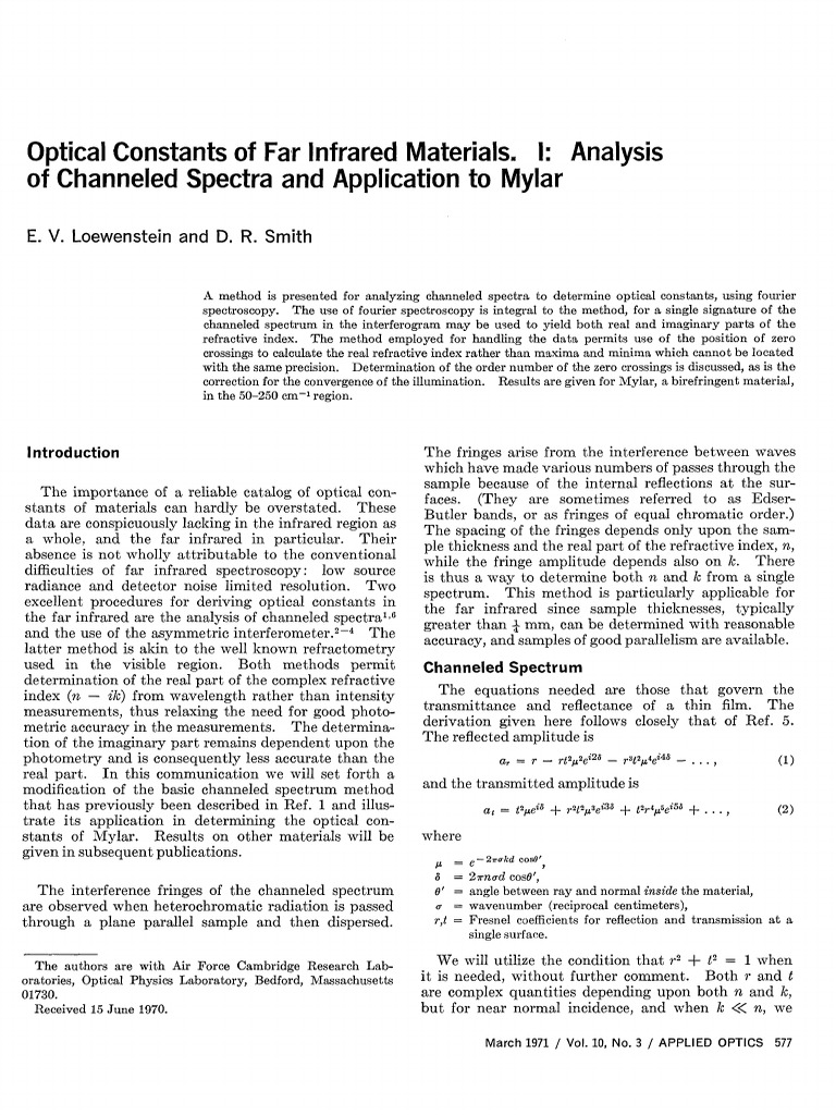 Optical Constants of Far Infrared Materials. 1 Analysis of Channeled ... Optical Constants of Far Infrared Materials. 1 Analysis of Channeled ...