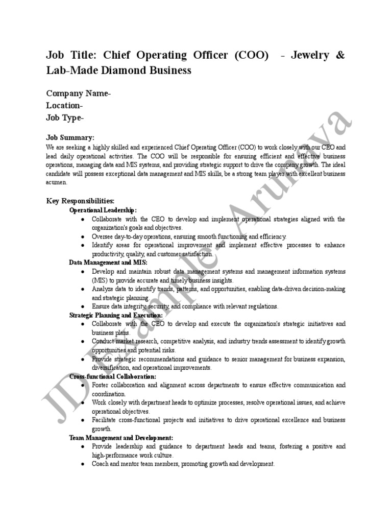 JD - Chief Operating Officer (COO) | PDF | Chief Operating Officer | Leadership