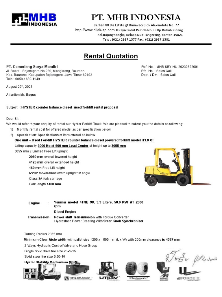 MHB SBY HYU XT 20230822001 - PT. Cemerlang Surya Mandiri 12 BLN H3.0XT 3055M 2stg Used Forklift ...