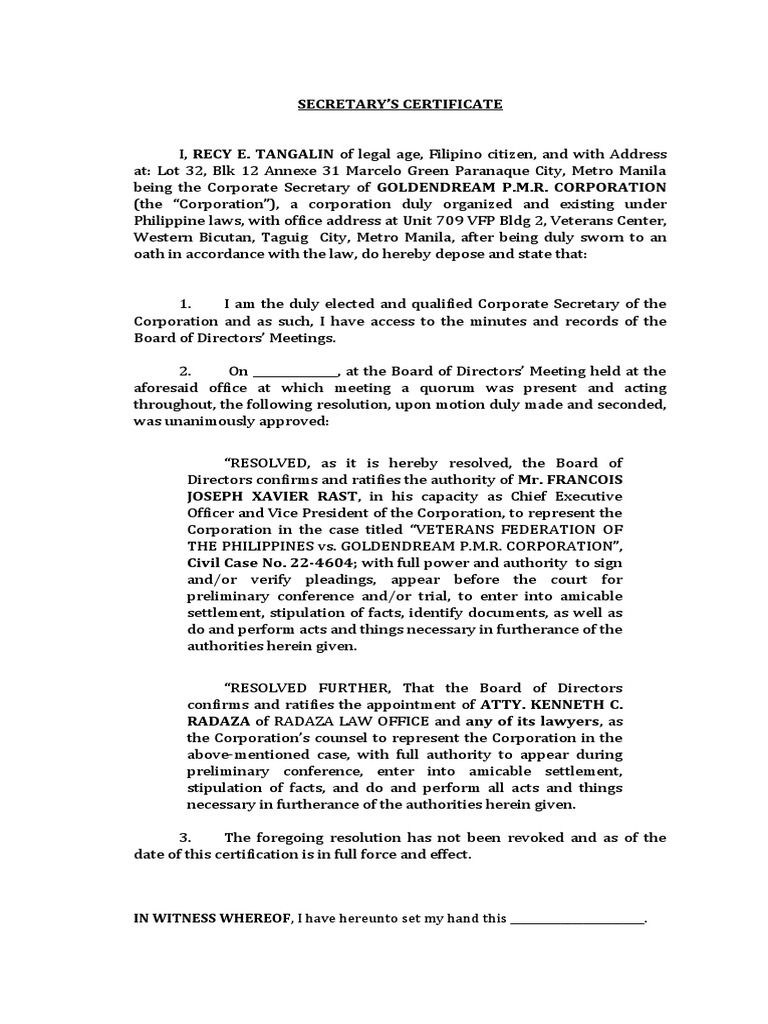 Secretary's Certificate | PDF | Affidavit | Public Law