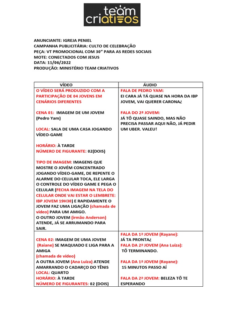 ROTEIRO VÍDEO DE CHAMADA PARA O CULTO ibp jovem | PDF
