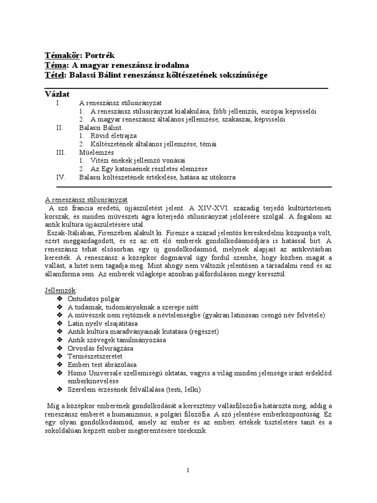 Balassi Bálint Tétel | PDF