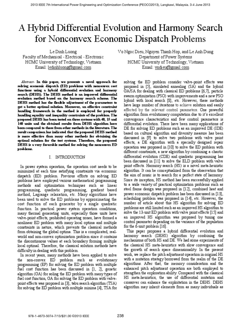 A Hybrid Differential Evolution and Harmony Search For Nonconvex Economic Dispatch Problems-2013 ...