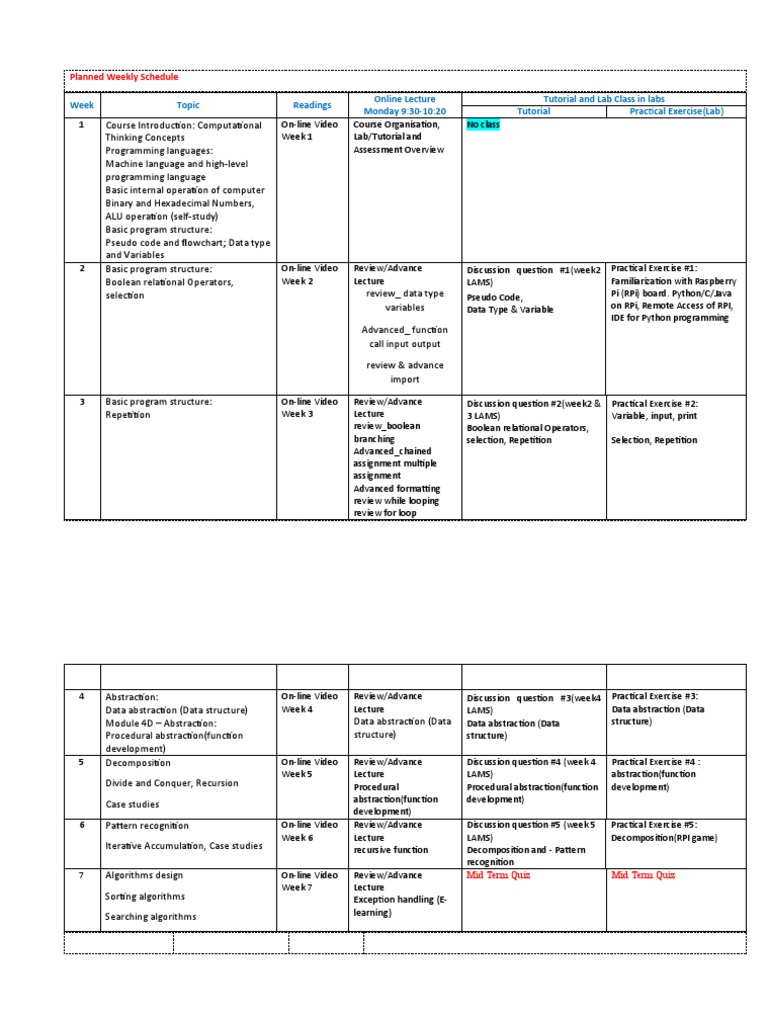 Planned Weekly Schedule SC1003 First Half Quiz in Week 7 | PDF Planned Weekly Schedule SC1003 First Half Quiz in Week 7 | PDF