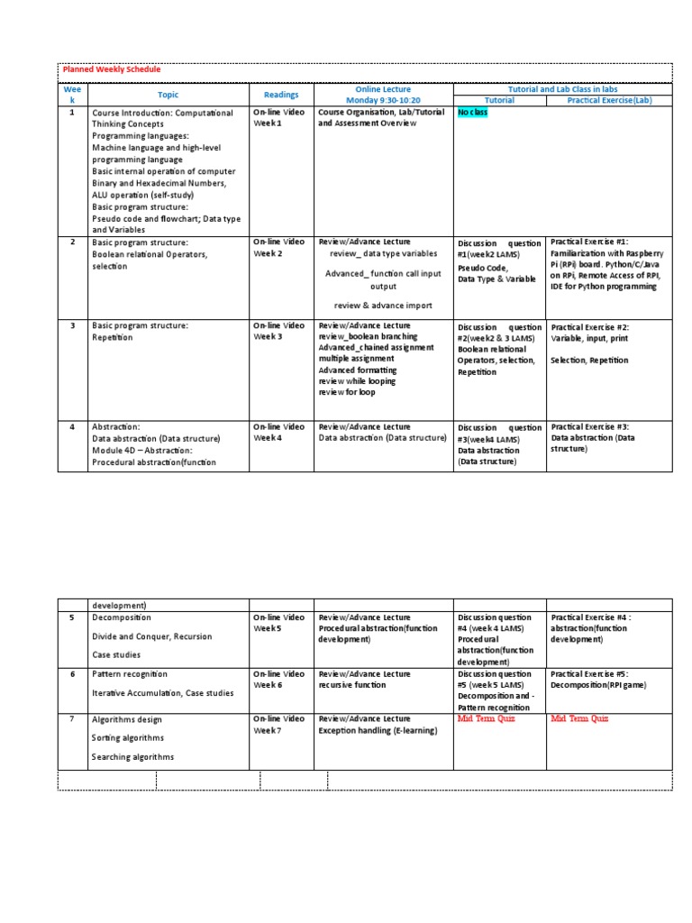 Planned Weekly Schedule SC1003 First Half Quiz in Week 7 | PDF Planned Weekly Schedule SC1003 First Half Quiz in Week 7 | PDF