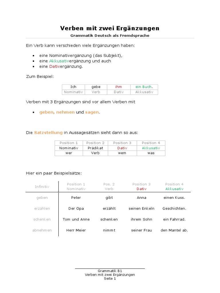 4 Verben Mit Ergaenzungen | PDF