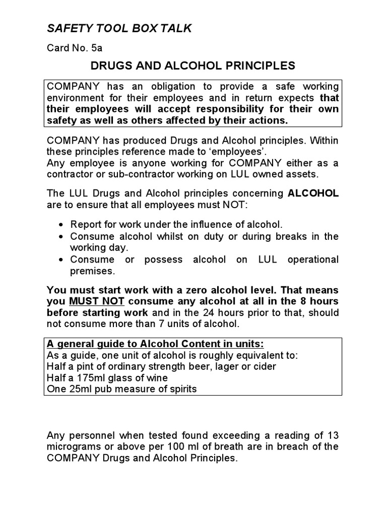 Toolbox Talk Drug and Alcohol Testing | PDF