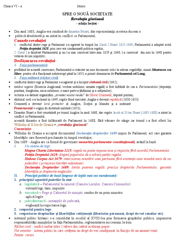 Revolutia Glorioasa Schita Lectiei | PDF