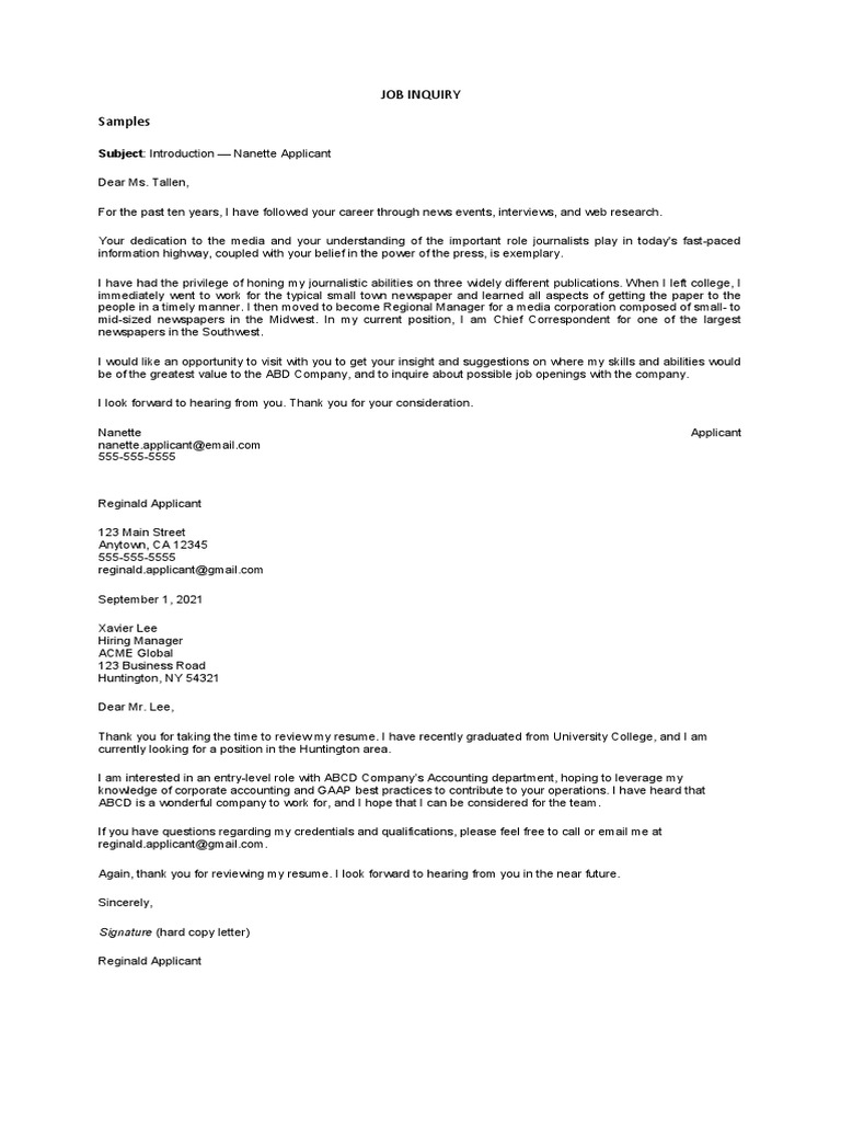 Job Inquiry Email Samples for Applicants | PDF