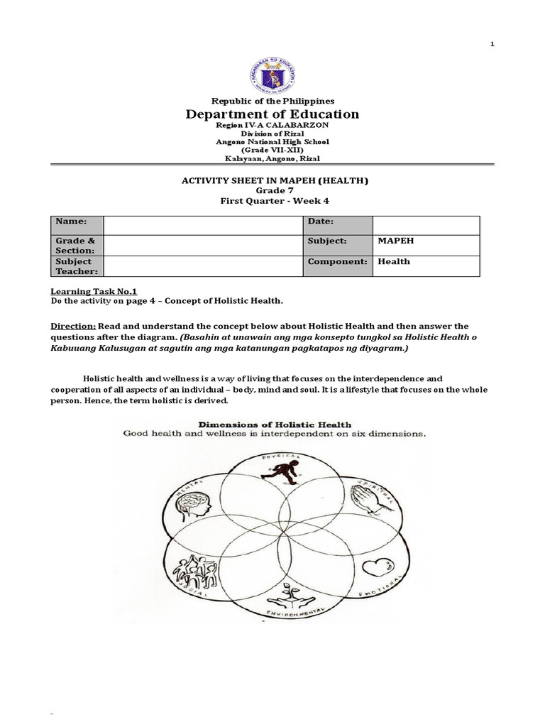 Grade 7 Holistic Health Activity Sheet | PDF | Psychological Concepts ...