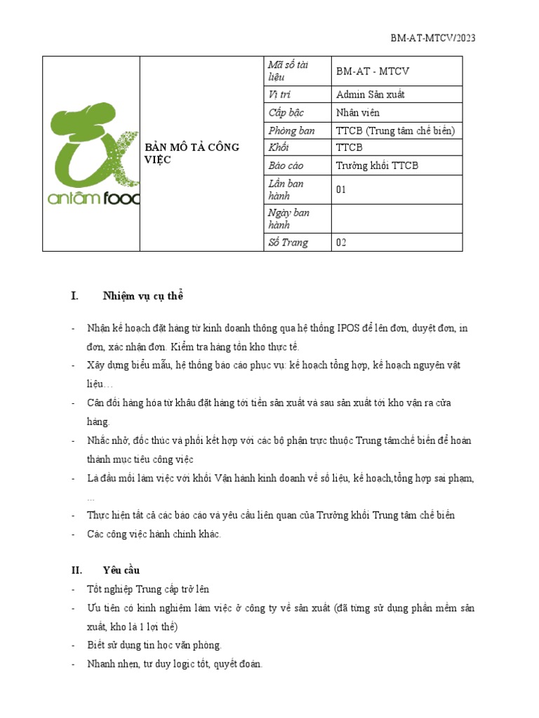 MTCV - Admin Sản xuất | PDF