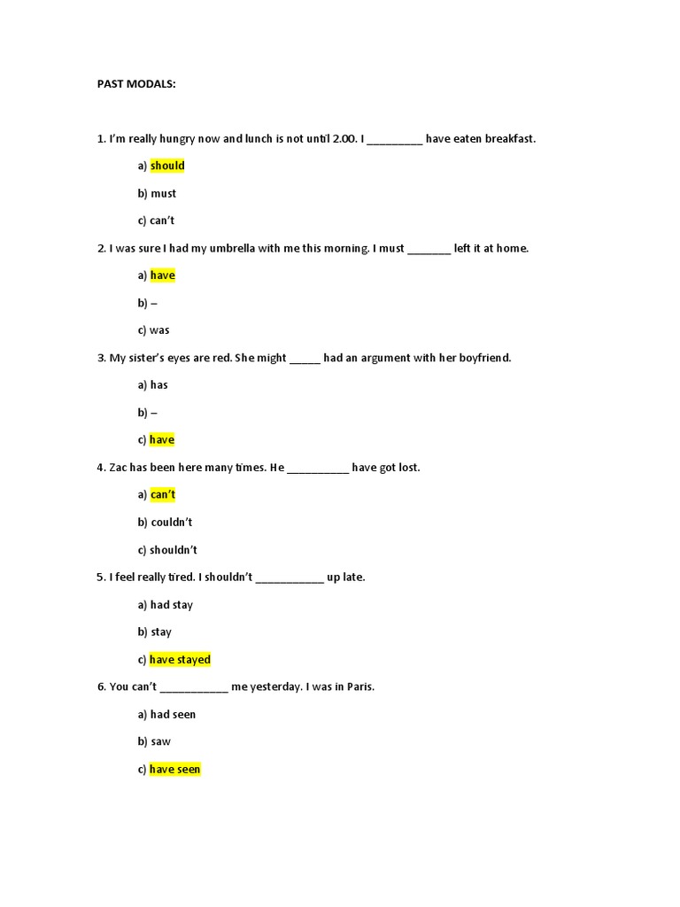 Past Modals - Exercises - KEY | PDF