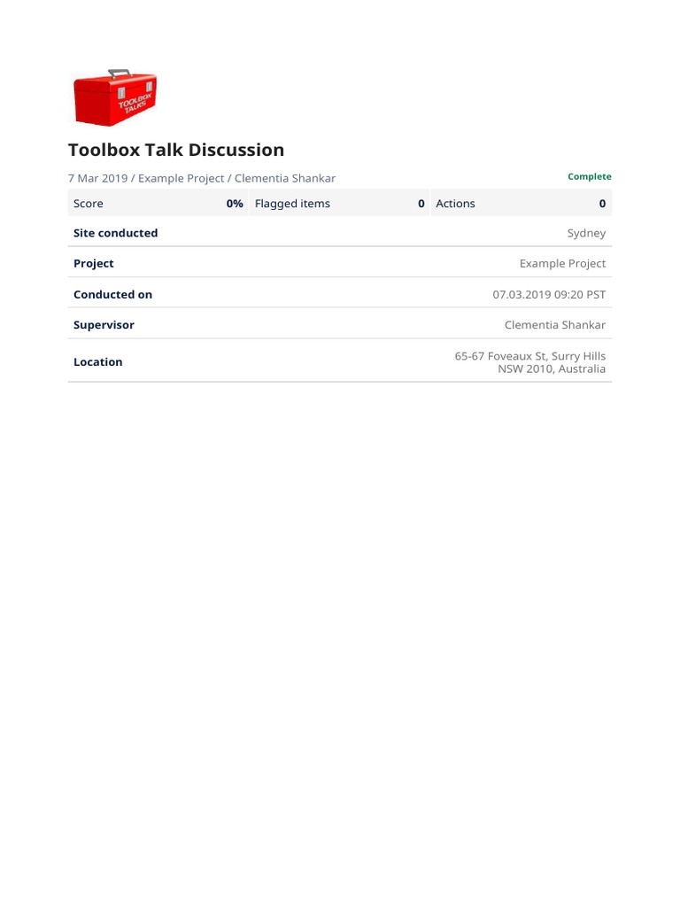 Toolbox Talk Template | PDF