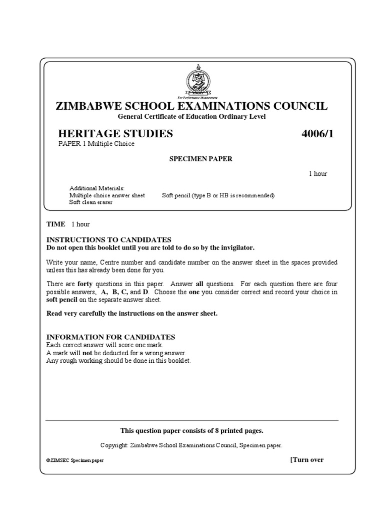 O-Levels Heritage Studies Exemplar | PDF | Zimbabwe | Small And Medium ...