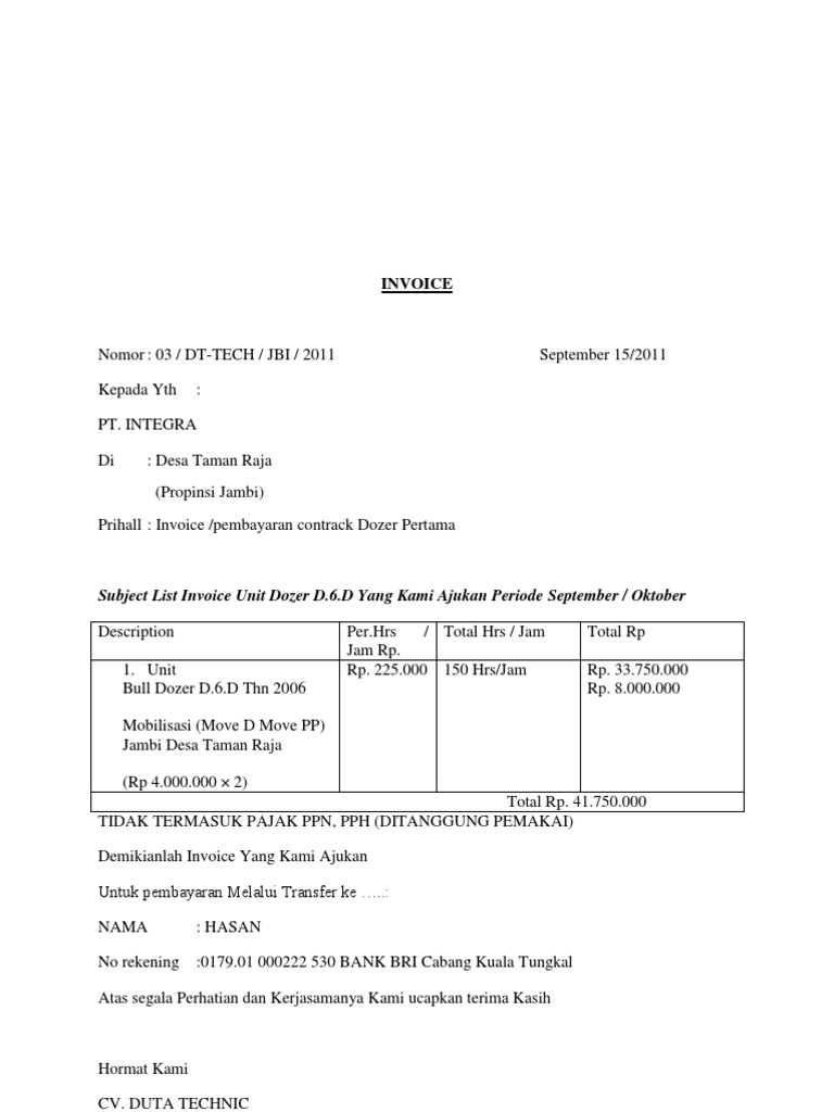 Invoice Dozer D6D September 2011 | PDF | Bisnis | Pengelolaan Keuangan & Uang