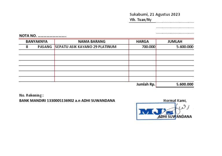 Nota Pembelian Sepatu Asik Kayano | PDF