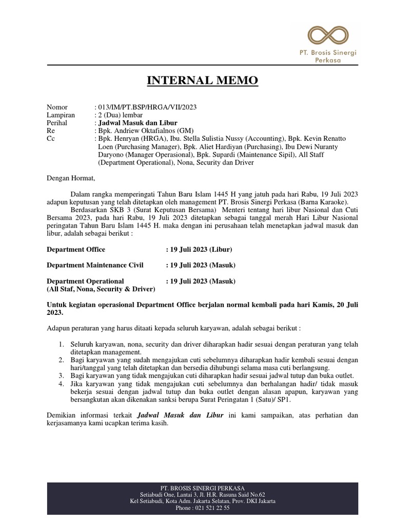 Internal Memo PT. Brosis Sinergi Perkasa - Jadwal Masuk Dan Libur (Tahun Baru Islam) | PDF