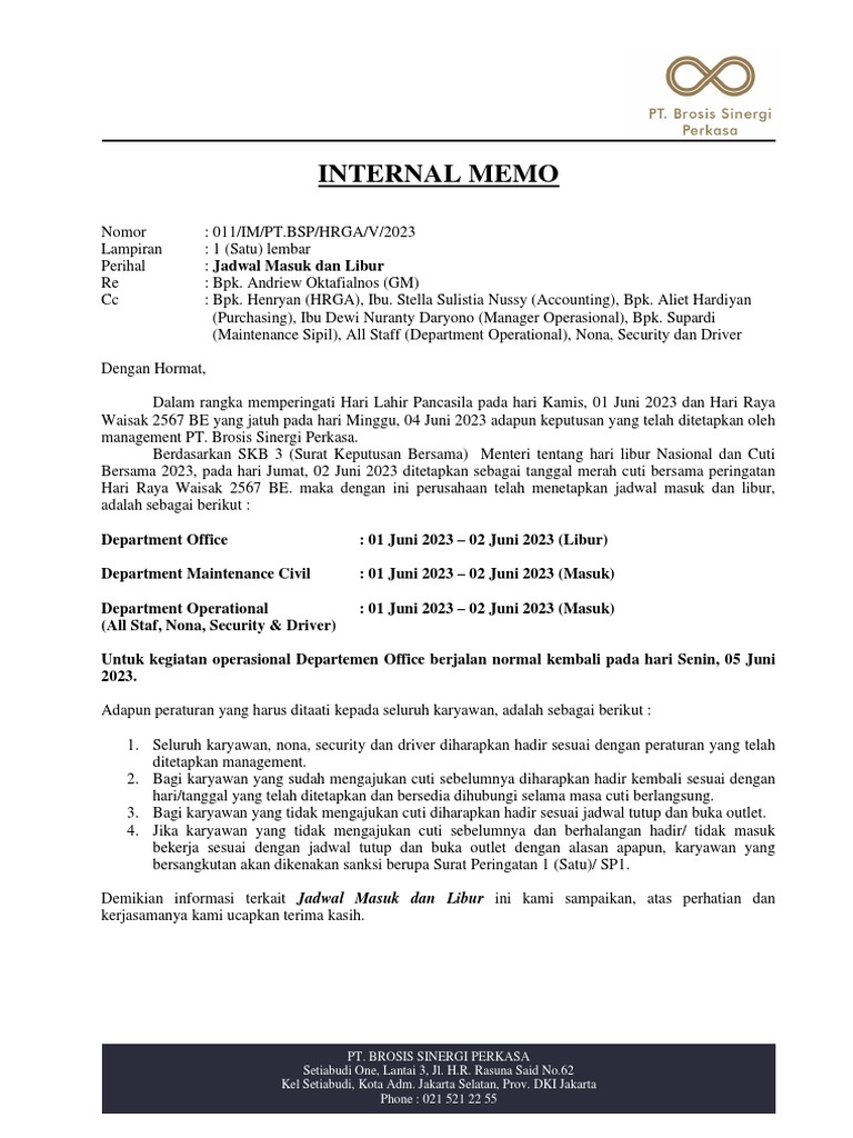 Internal Memo PT. Brosis Sinergi Perkasa - Jadwal Masuk Dan Libur (Hari Lahir Pancasila, Cuti ...
