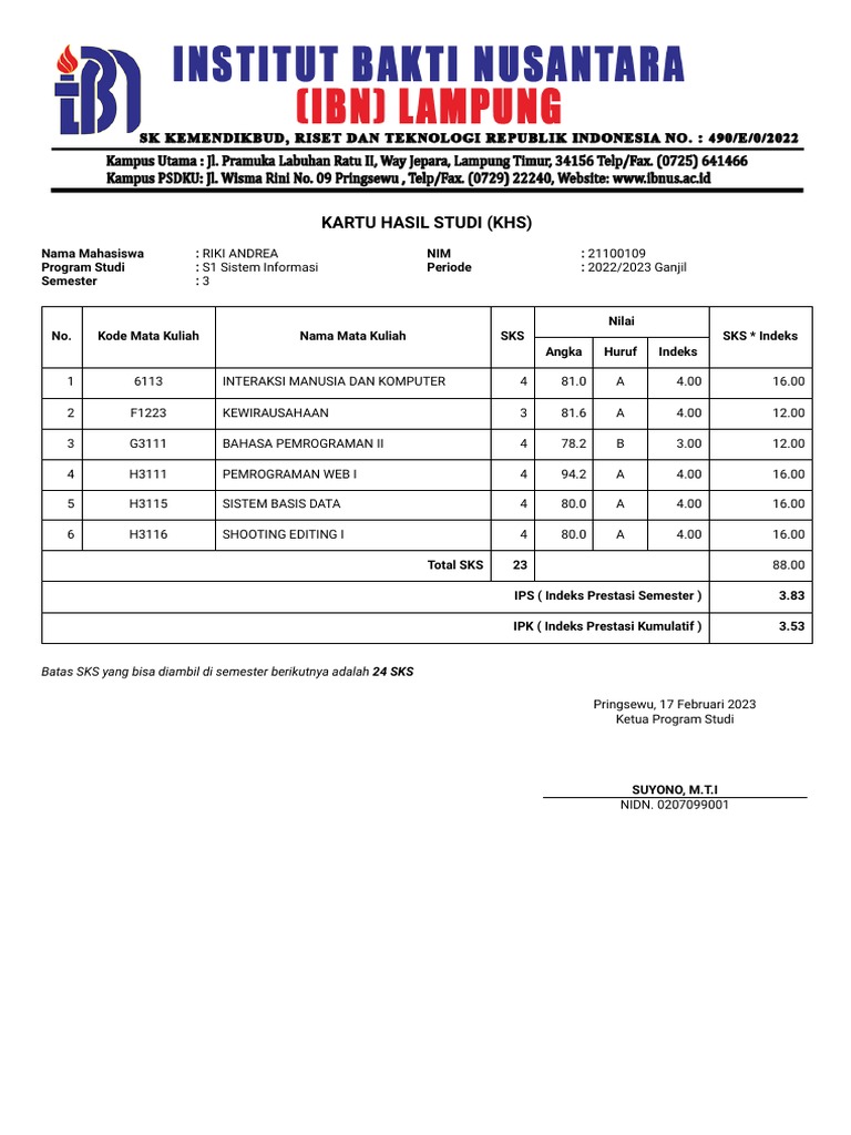 Khs SMT 3cetak Laporan KHS Mahasiswa | PDF