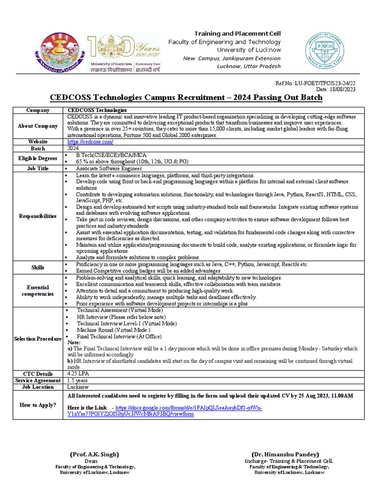 22 CEDCOSS Technologies Campus Recruitment - 2024 Passing Out Batch | PDF