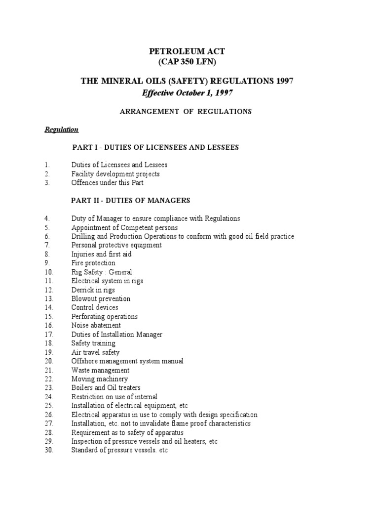 Mineral Oil Safety Regulations 1997 | PDF