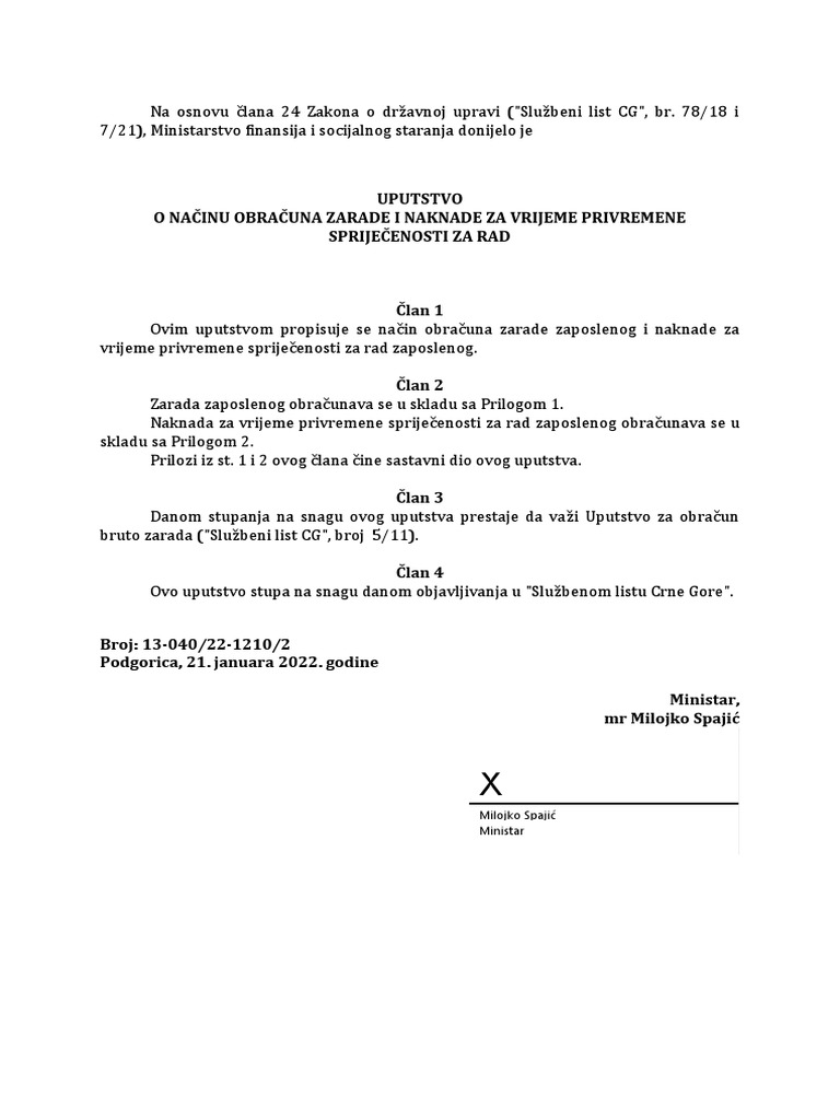 Uputstvo o Obracunu Zarade I Naknade Za Vrijeme Privremene Sprijecenosti Za Rad Kon SL List. | PDF