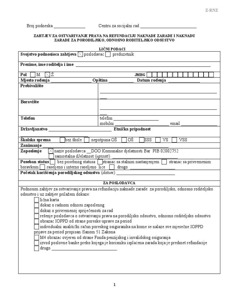 Zahtjev Za Ostvarivanje Prava Na Refundaciju Naknade Zarade I Naknadu Zarade Za Porodiljsko-1 | PDF