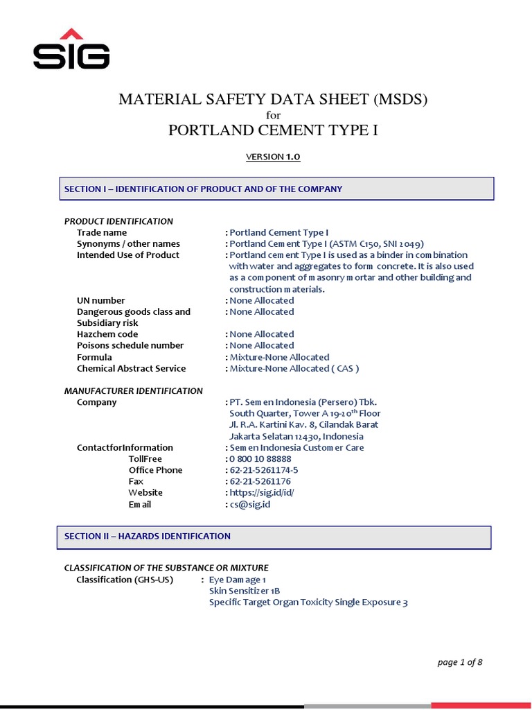 Portland Cement Type I MSDS Overview | PDF | Wellness