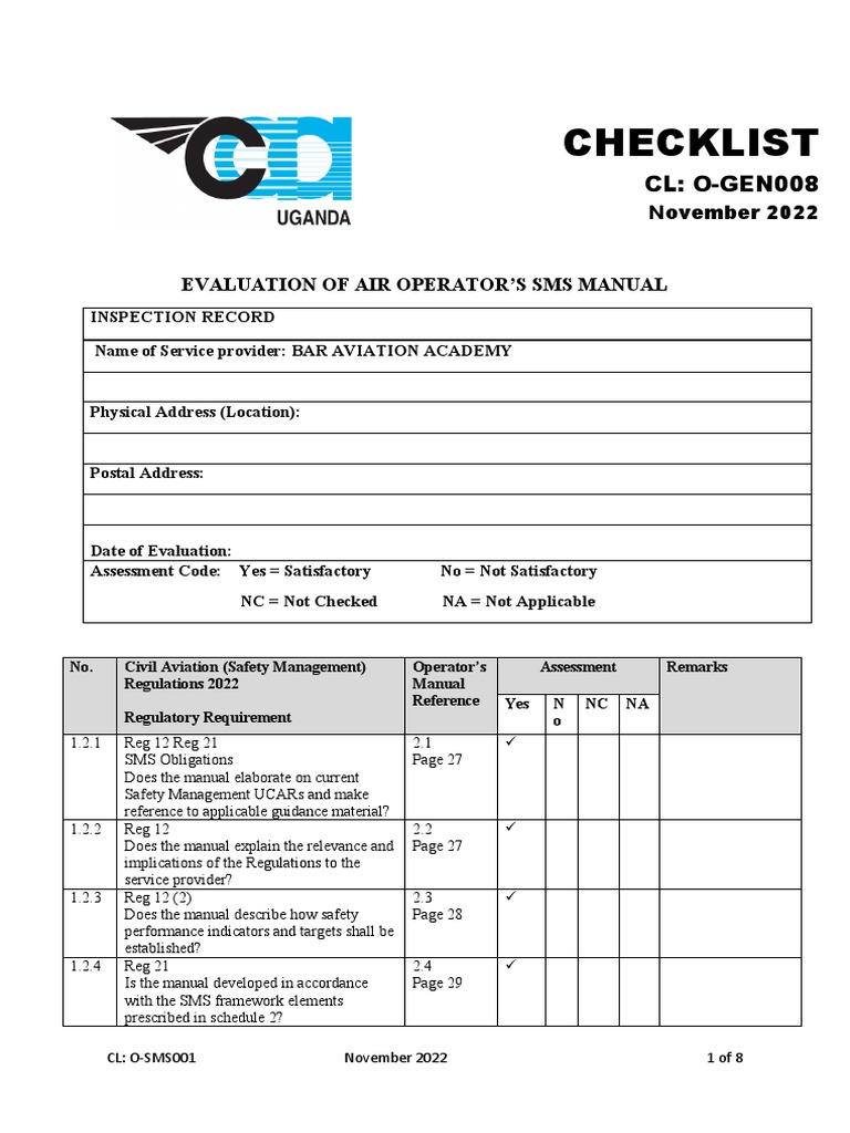 CL-O-GEN008 SMS Manual Evaluation Checklist - BAR ATO | PDF