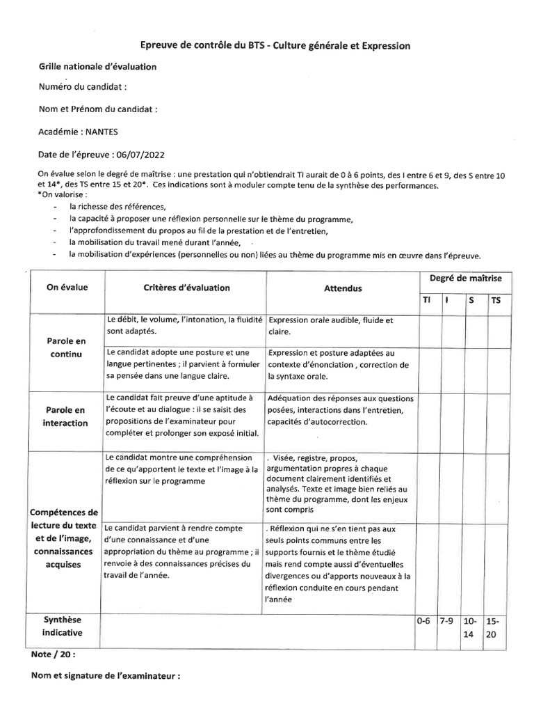 Grille Evaluation Oral BTS 2022 Ac Nantes | PDF
