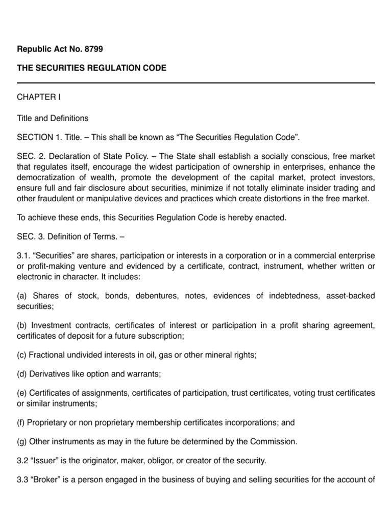 Securities Regulation Code (RA 8799) | PDF | Law