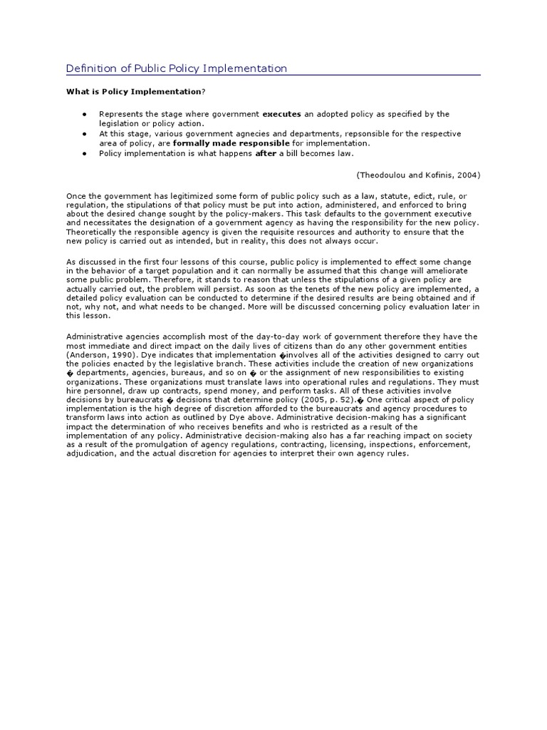 Definition of Public Policy Implementation | PDF