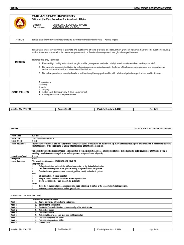 NEW OBTL Template Flexible Learning SS1D Contemporary World | PDF ...