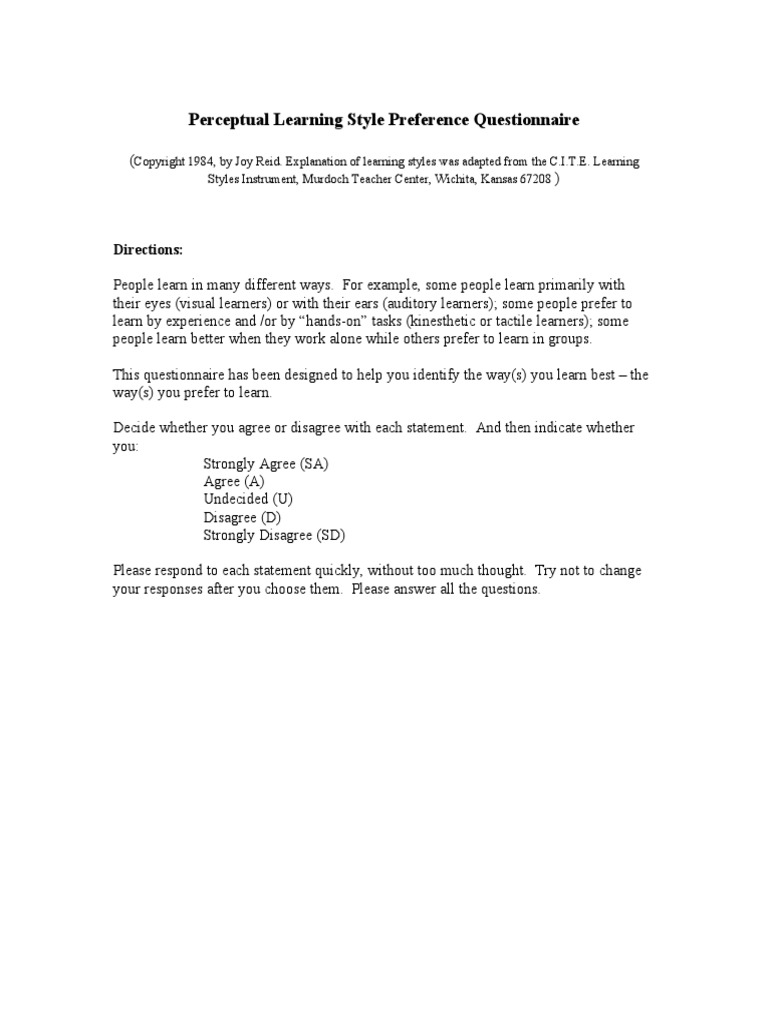 Perceptual Learning Style Preference Questionnaire | PDF Perceptual Learning Style Preference Questionnaire | PDF