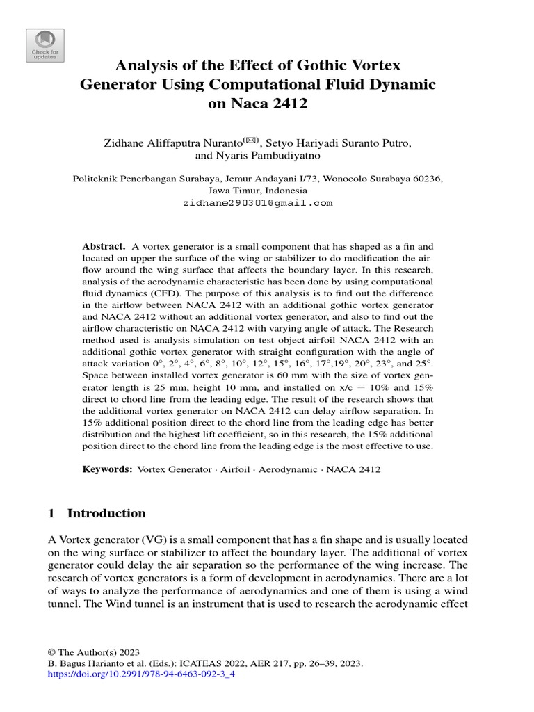 Analysis of The Effect of Gothic Vortex Generator Using Computational Fluid Dynamic On Naca 2412 ...
