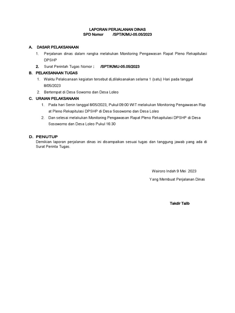 Perjalan Dinas Dalam Rangka Monitoring Pengawasan Rapat Pleno DPSHP | PDF