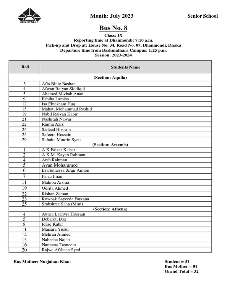 School Bus Schedule & Roster | PDF