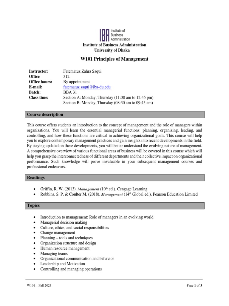 W101 Principles of Management Course Outline c1 | PDF | Behavior ...