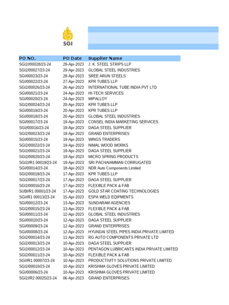 Purchase Order List Pdf