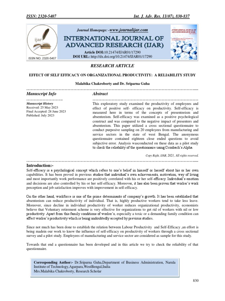 Effect Of Self Efficacy On Organizational Productivity A Reliability