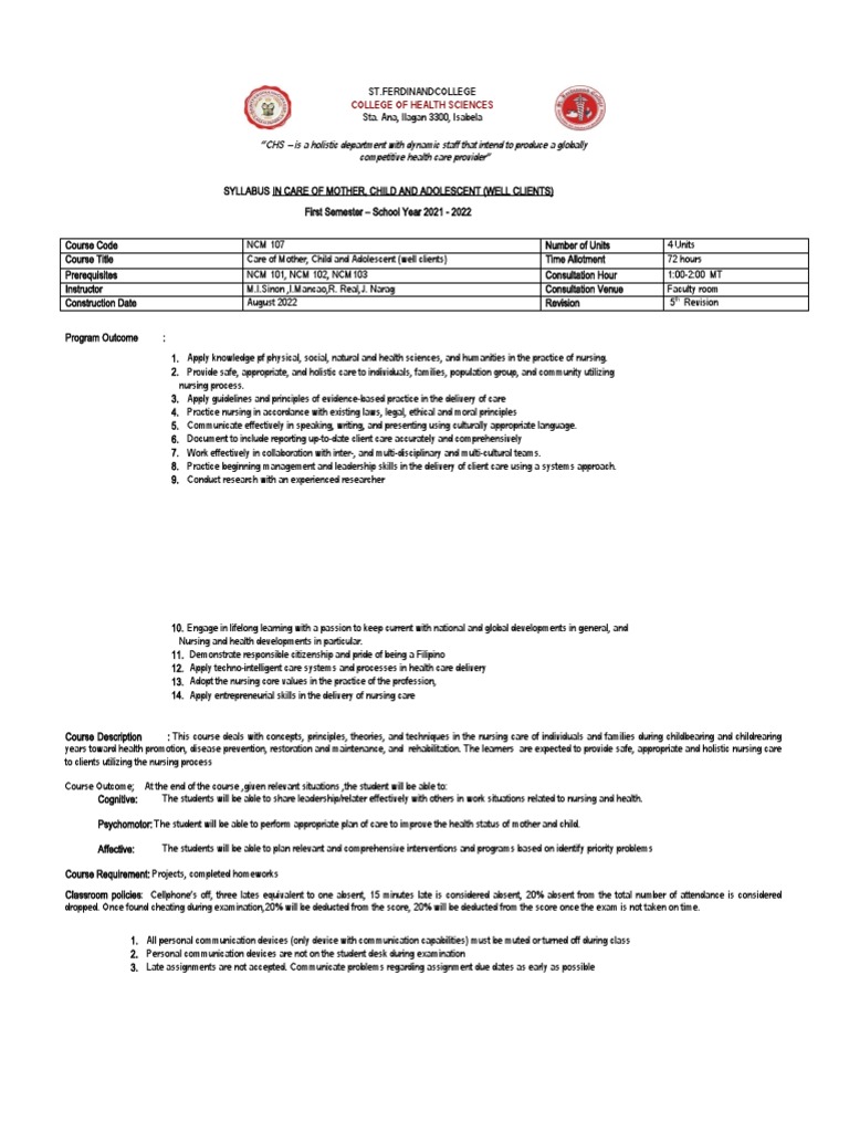 Syllabus in NCM107 | PDF