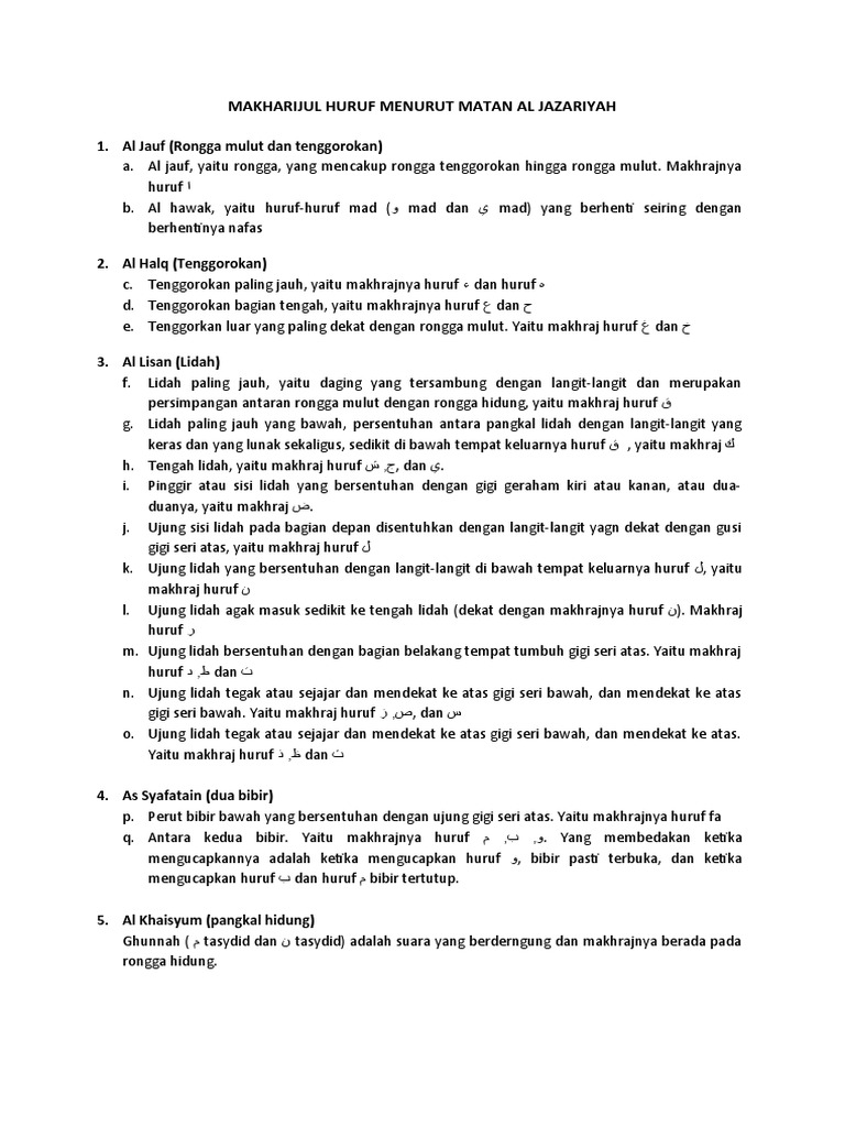 Makharijul Huruf Menurut Matan Al Jazariyah | PDF