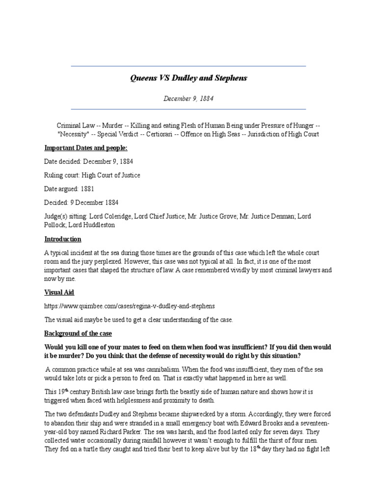 Queens VS Dudley and Stephens | PDF | Justice | Crime & Violence